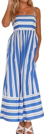 Feoya Damen Sommer Gestreiftes Kleid Maxi Flowy Swing Sundress Back Smocked Cutout Strand Urlaub Lange Kleider Blau XL