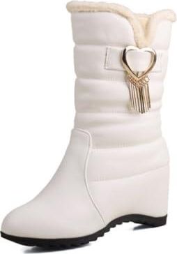 Generic Bottes Mi-Mollet Chaudes avec Fourrure Femme Décor Coeur Franges Talons Compensés Simili Cuir Confortables Hiver Casual Quotidiennes,Blanc,43 EU