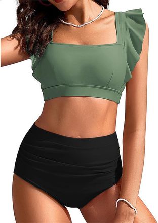 Kate Kasin Damen Bikini Set Square Neck Crop Top High Waisted Bottom Bademode Zweiteiliger Badeanzug Tummy Control mit herausnehmbaren Pads Gr&uuml;n+Schwarz XL