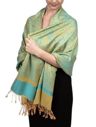 achillea &Eacute;charpe pashmina vintage bicolore - Doux et l&eacute;ger - Pour robes, mariages, voyages, toutes saisons, Bleu/jaune., 72L x 28W