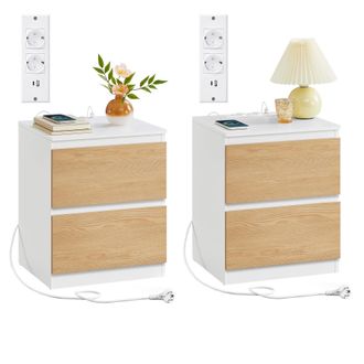 Vasagle Kailyn Kollektion - Nachttisch mit Steckdosenleiste, 2er Set, Beistelltisch 2 Schubladen, 2 AC-Steckdosen, 2 USB-A-Anschl&uuml;sse, f&uuml;r Schlafzimmer, mande