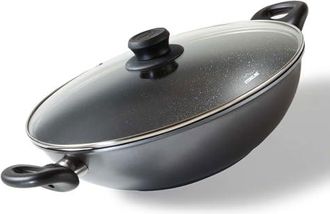 STONELINE Wok 28cm, avec couvercle, fonte daluminium, poêle wok revêtue de vraies particules de pierre, gris, cuire et rôtir sans graisse ou huile, grand wok in