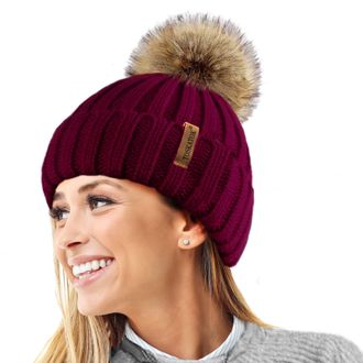 TOSKATOK Womens Winter-Rib Strickm&uuml;tze/Beanie mit abnehmbaren Chunky Faux Fur Bobble Pom Pom-Burg