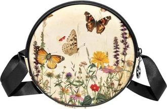 Generic Petit sac &agrave; bandouli&egrave;re circulaire pour femme, motif papillons et fleurs sauvages, sac &agrave; dos avec fermeture &eacute;clair, bretelles r&eacute;glables, sac &agrave; main ro