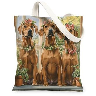 Generic Sac fourre-tout en toile motif chien Rhodesian Ridgeback printanier pour faire du shopping, 33 x 38,1 cm, sac d&eacute;picerie r&eacute;utilisable avec fen&ecirc;tre en p