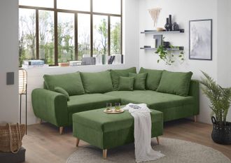 Mørteens home24 Ecksofa Capstone Grün Cordstoff Fjella 249 x 94 x 175cm Ottomane davorstehend rechts mit Hocker Skandi
