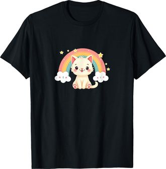 Mapanoli Design S&uuml;&szlig;e Katze mit Regenbogen und Wolken - Bezaubernder Kawaii-Stil T-Shirt