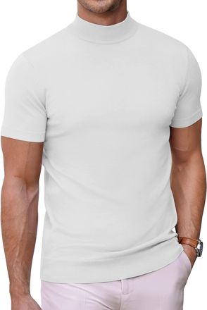 Coofandy Herren T-Shirt mit Stehkragen Strick Männer Rollkragenshirt Pullover Herren Kurzarm Halb Kragen Unterhemd Slim Fit Basic Tops Weiß 3XL