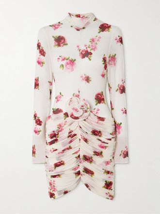 Magda Butrym Minikleid Aus T&uuml;ll Mit Blumenprint, Raffungen Und Applikation - Creme