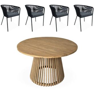 Sweeek Table &agrave; manger bois dacacia ronde. int&eacute;rieur / ext&eacute;rieur + 4 fauteuils en corde noir et acier