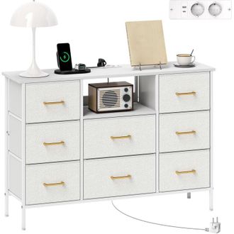 HOMCOM Commode - HOMCOM - 8 tiroirs en tissu bouclette - port USB, port TYPE-C - structure en acier - 110 x 30 x 76 cm - cr&egrave;me
