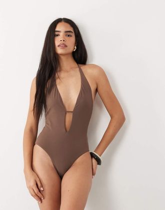 Tala Exclusivit&eacute; ASOS - TALA - Maillot 1 pi&egrave;ce dos nu &agrave; liens nou&eacute;s au dos - Marron cortado