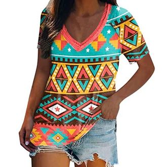 Janly T-shirts surdimensionn&eacute;s pour femmes T-shirt avec col en V Western Aztec Impression ethnique pour les loisirs Style d&eacute;t&eacute; Fille T-shirt dr&ocirc;le T-shirts 