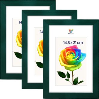 MG Design 3er Set Bilderrahmen A5 14,8 x 21 cm - Fotorahmen mit Gr&uuml;n Echtholzrahmen und bruchsicherem Acrylglas, Hoch & Quer zum Aufh&auml;ngen, zum Aufstellen