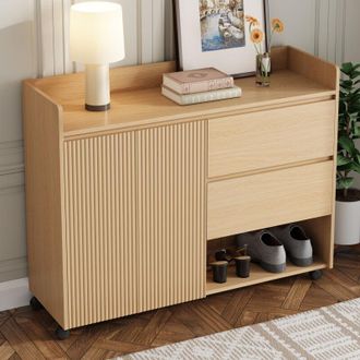 STILVORA Meuble &agrave; chaussures avec 2 Portes, 2 Tiroirs et Niches Ouvertes, avec Roulettes &agrave; Frein, en MDF, 110&times;35&times;86 cm, Naturel