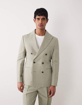 Asos Veste de costume ajust&eacute;e en lin majoritaire &agrave; double boutonnage - Kaki-Vert