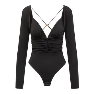 Elisabetta Franchi Femme, Tops, Noir, Taille: 38 FR Body en jersey cr&ecirc;pe avec drap&eacute;