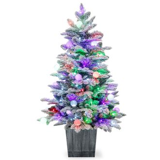 Costway 100cm K&uuml;nstlicher Weihnachtsbaum, beflockter Tannenbaum mit 80 mehrfarbigen LED-Lichtern & 148 Zweigspitzen, beleuchteter Christbaum mit Schnee & Sock