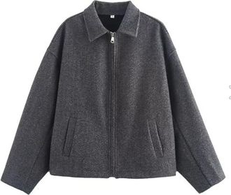 Generic Manteau court en laine pour femme - Coupe ample - Automne et hiver - Fermeture &eacute;clair - Style d&eacute;contract&eacute; - Avec poches, gris, L