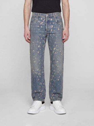 Alexander McQueen McQueen Jean droit en denim de coton &agrave; taille mi-haute avec effet us&eacute;