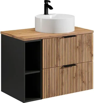 Vente-Unique Meuble de salle de bain suspendu stri&eacute; avec niches et vasque &agrave; poser ronde - Naturel clair - L80 cm - madela