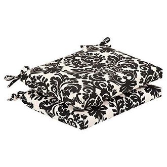 Pillow Perfect Damast-Sitzkissen mit B&auml;ndern, quadratische Ecken, Pl&uuml;schfaser-F&uuml;llung, Wetter- und lichtbest&auml;ndig, 40,6 x 47 cm, schwarzer Essence-Onyx, 2 St&uuml;ck