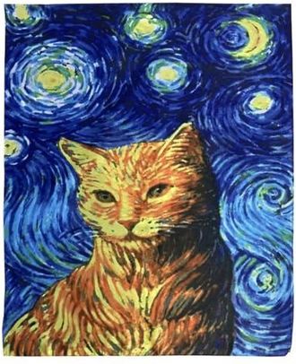 GFM Mélange de soie écharpe dété basée sur lart de la peinture - Imprimé chat nuit étoilée - (FS-VSLK-SC-5029-A)