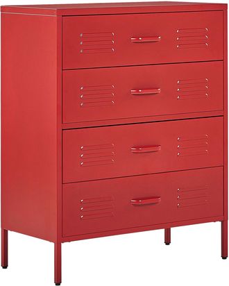 Beliani Hohe Kommode mit 4 Schubladen Stahl rot L&uuml;ftungs&ouml;ffnungen Industrie Stil Enago