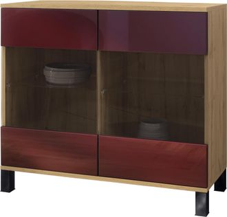 Vladon Kommode Bari V3, Moderner Küchenschrank mit 2 großen Glastüren Eiche Evoke/Bordeaux Hochglanz (92,5 x 84.5 x 35)