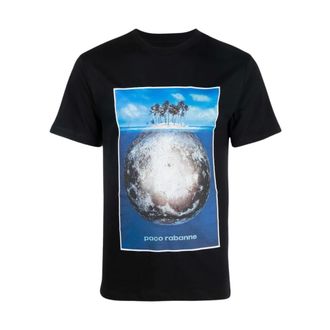 Paco Rabanne Femme, Tops, Noir, Taille: 42 FR T-shirt en Coton Noir avec Impression World