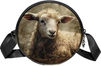 Generic Sac &agrave; bandouli&egrave;re rond pour femme, petit sac &agrave; bandouli&egrave;re vintage en forme de mouton avec fermeture &eacute;clair, bretelles r&eacute;glables, sac &agrave; main rond d&eacute;co
