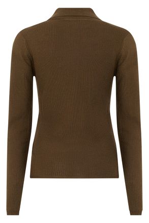 Max Mara Womens Long Sleeve Polo Dark Khaki Silk Tops