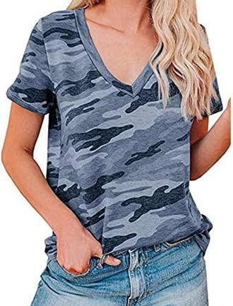 Generic T-shirt décontracté à manches courtes et col en V imprimé léopard pour femme 2026, bleu, L