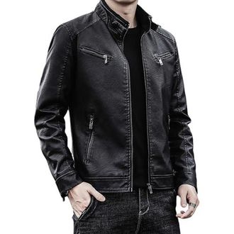 Generic Blouson en cuir pour homme, blouson de moto en similicuir noir, coupe ajust&eacute;e, taille XXL
