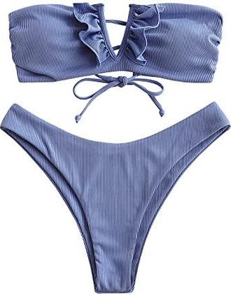 Zaful Ensemble bikini bandeau épaules dénudées sexy pour femme avec motif floral, Bleu C., M
