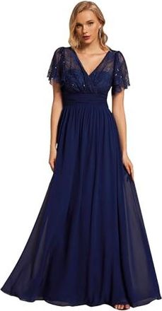 Ever-pretty Robe Mère de Mariée Col V Dentelle Mousseline Manches Courtes pour Femme Bleu Marine 42