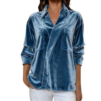 Generic Chemisier &agrave; col en velours noir pour femme, coupe ample, manches longues avec poches, haut habill&eacute; d&eacute;contract&eacute;, bureau, soir&eacute;e, printemps, automne, vi