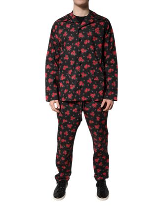 Dolce & Gabbana Black Floral Print Cotton Men Pajama Set Sleepwear Clothing
