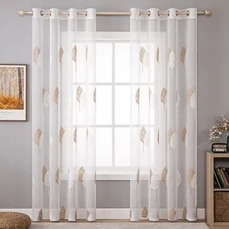 Miulee Rideaux Voilage avec Beau Motif de Feuilles Brun et Blanc, Int&eacute;rieurs Rideau Voile Brod&eacute; a Oeillets Largeur 140 CM Hauteur 300, Transparent Voilage Fe