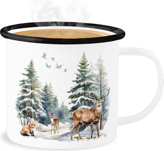 Shirtracer Emaille Becher Blechbecher - Weihnachtstasse Tasse - Winterwald Tiere Motiv I Winter Geschenk Winterzeit I Winterlandschaft I Waldtiere Fuchs Reh Hirs
