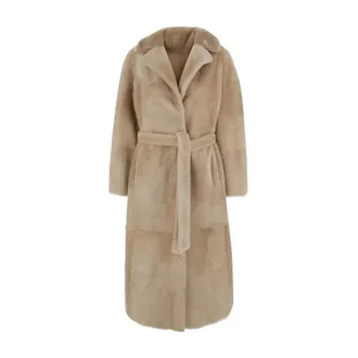 Yves Salomon Manteau long ceintur&eacute; en shearling r&eacute;versible - Femme - Vestes - Beige - Taille: 42 FR