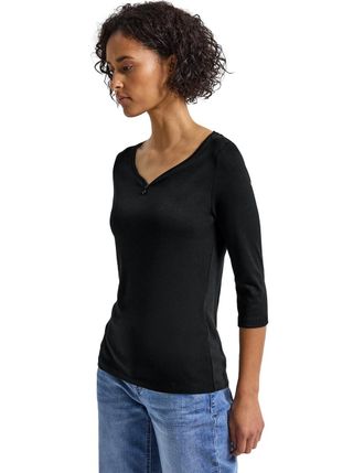 Street One Damen 3227964 Basic Shirt mit Knopfdetail, Black, 40