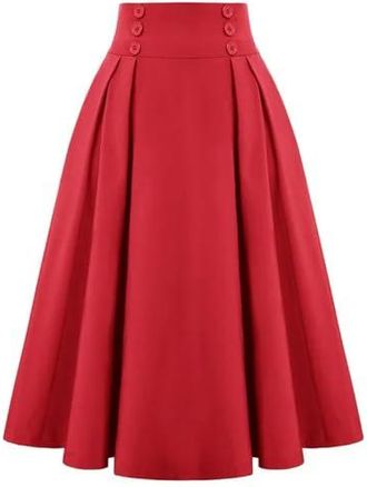 Generic Jupe mi-Longue &agrave; Carreaux pour Femmes, Vintage, Taille Haute, pliss&eacute;e, avec Poches, &eacute;l&eacute;gante, &eacute;vas&eacute;e, Ligne A, Taille &eacute;lastique, Rouge, XL