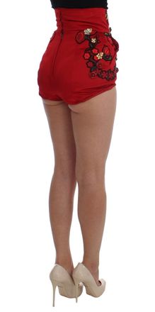 Dolce & Gabbana Womens Red Silk Crystal Roses Shorts Cotton