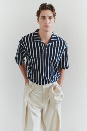 Trendyol MAN Herren Dunkelblau Gestreift Kurz Oversize Poloshirts