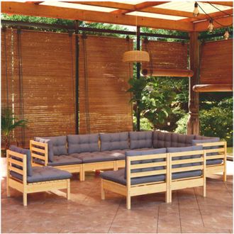 vidaXL 9-tlg. Garten-Lounge-Set mit Grauen Kissen Kiefer Massivholz vidaXL
