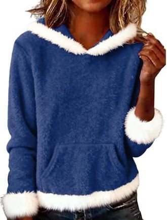 Generic Sweat à capuche en polaire pour femme - Sweat à capuche décontracté à col rond - Pull dautomne et dhiver - Doux et chaud - Couleurs contrastées - Swea