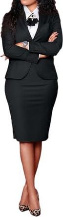 Minetom Tailleur Femme Ensemble de Costume 2 Pi&egrave;ces Manches Longues Veste Blazer et Jupe Crayon El&eacute;gant Formel Bureau Travail Slim Fit Ensemble A Noir 3XL