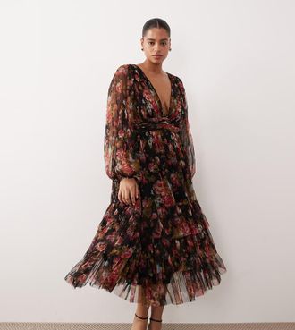 Lace & Beads Plus Robe mi-longue &agrave; fleurs et manches longues - Noir