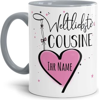 Tassendruck Keramik Tasse - Weltliebste Cousine - zum selbst gestalten mit Name - Geschenk für die beste Cousine - Innen & Henkel Grau, 300 ml